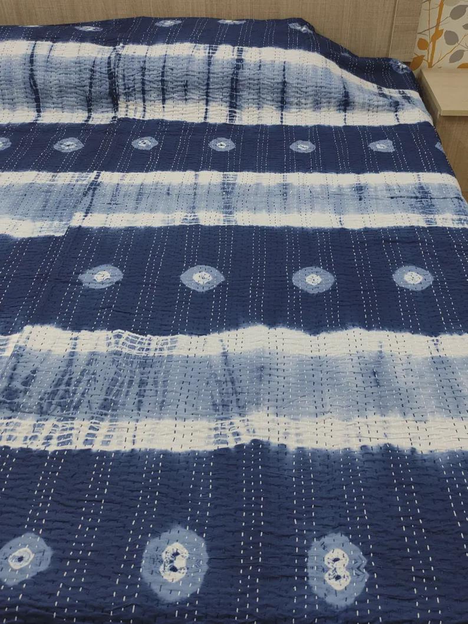 Indigo Tie Dye Kantha Bedcover, Reversible Cotton Bedspread ...