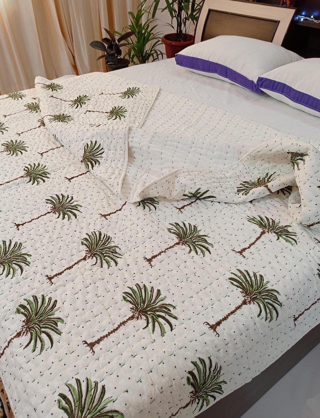 Handblock Printed Quilt, Palm Tree Kantha Quilt, Summer Throw Quilt ...