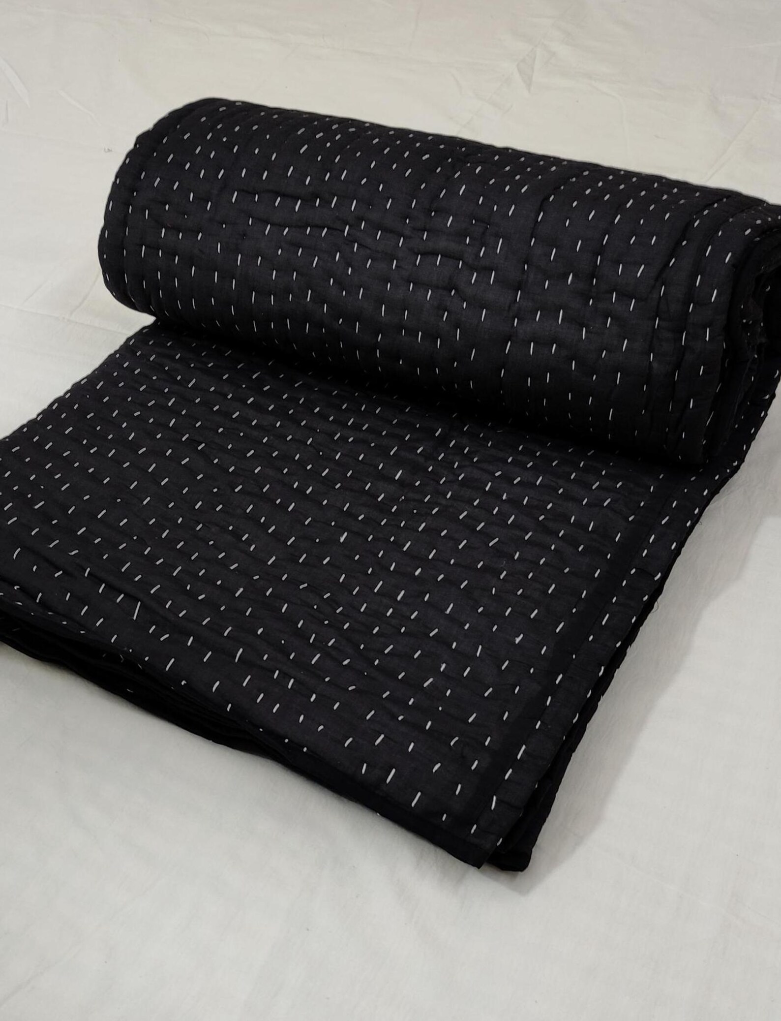 Black With White Thread-stitching Kantha Quilt, Handmade Cotton Blanket ...