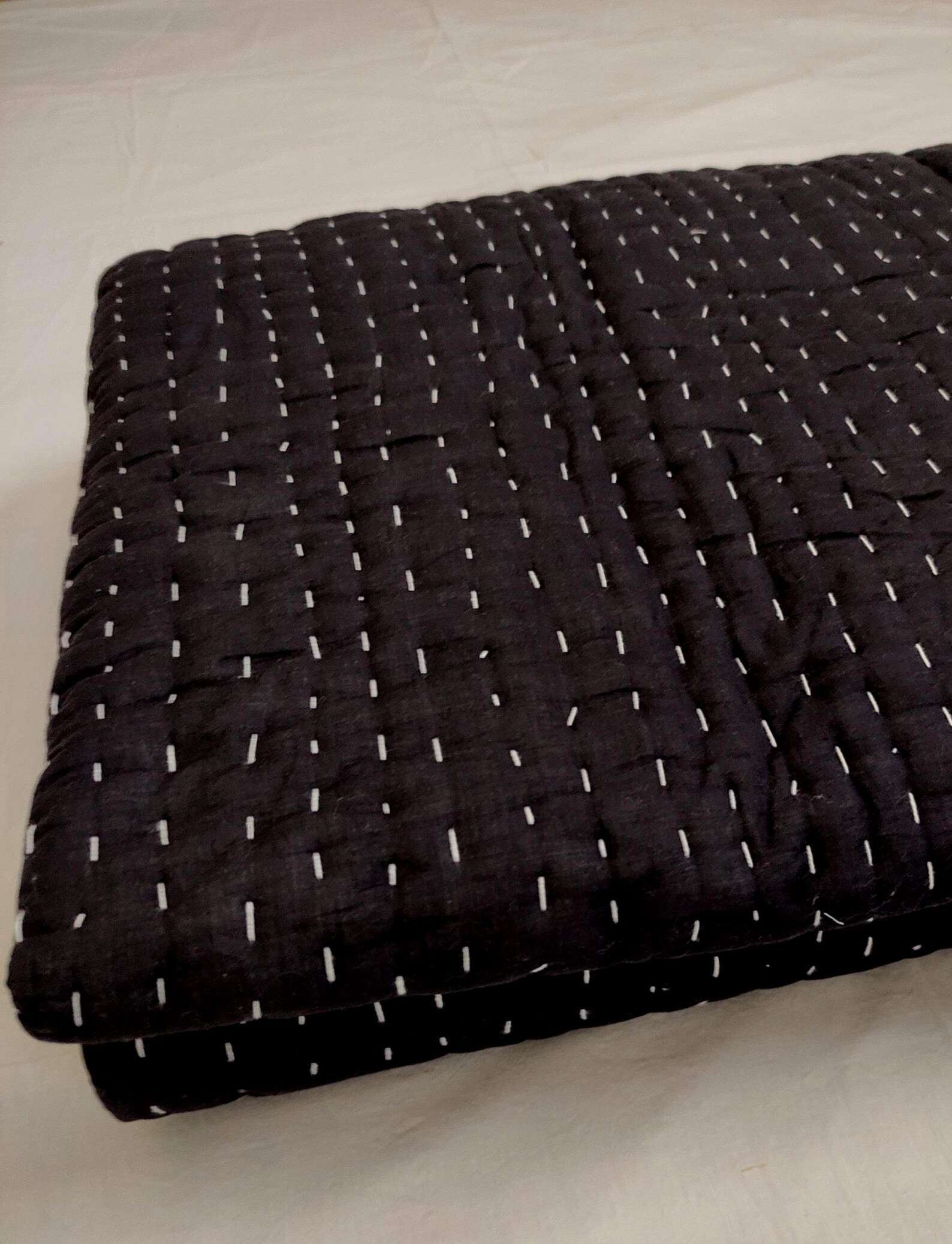 Black With White Thread-stitching Kantha Quilt, Handmade Cotton Blanket ...