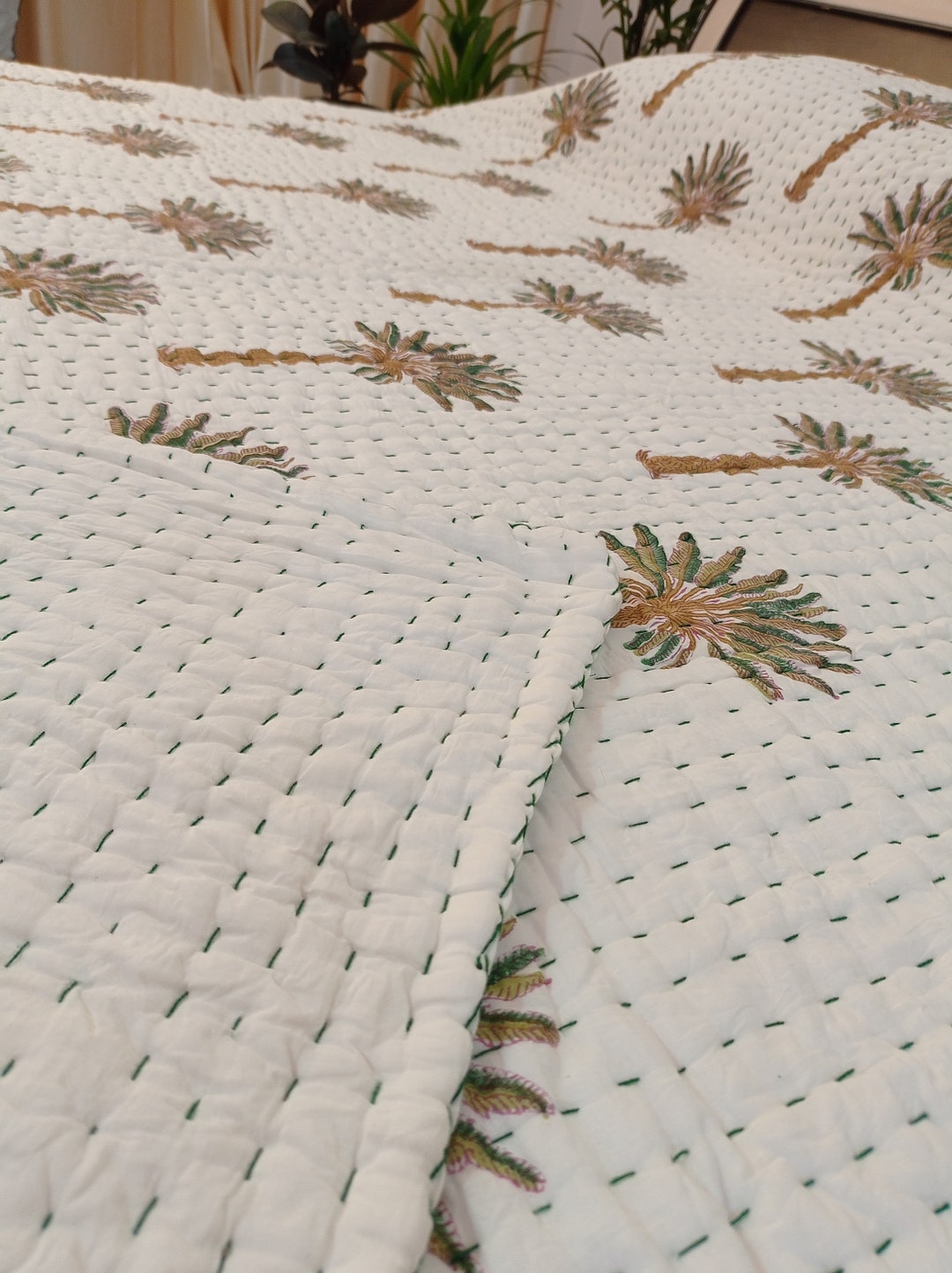 Palm Tree Hand Block Printed Cotton Kantha Quilt, Jaipuri Famous Rajai ...