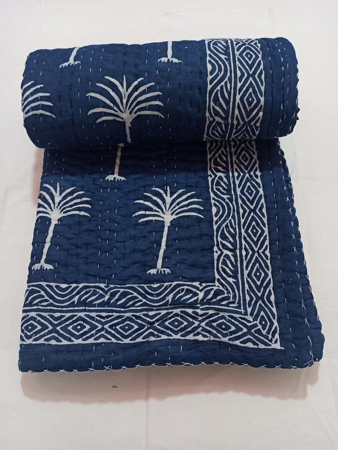 Palm Tree Kantha Quilt, Hand Printed Quilt Handmade Natural Dye Quilt ...