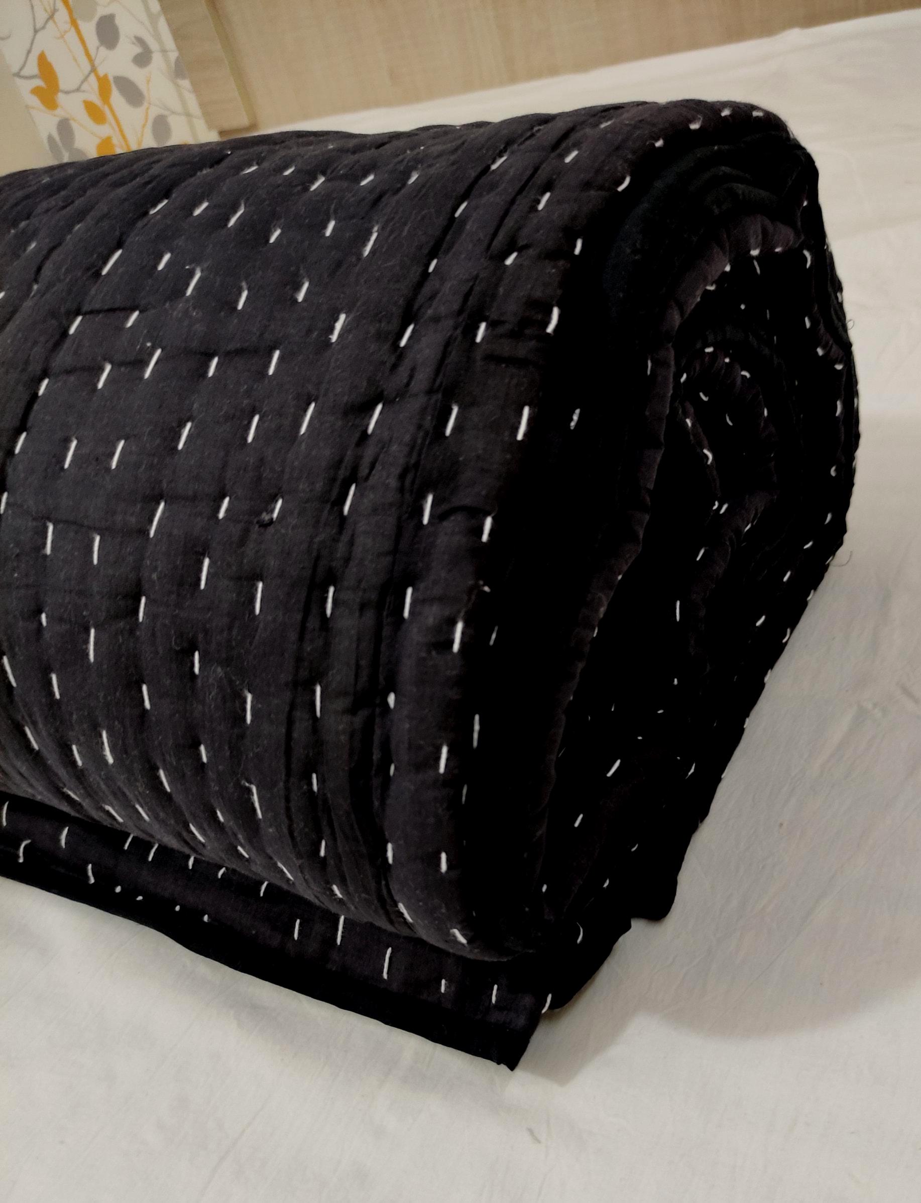 Black With White Thread-stitching Kantha Quilt, Handmade Cotton Blanket ...