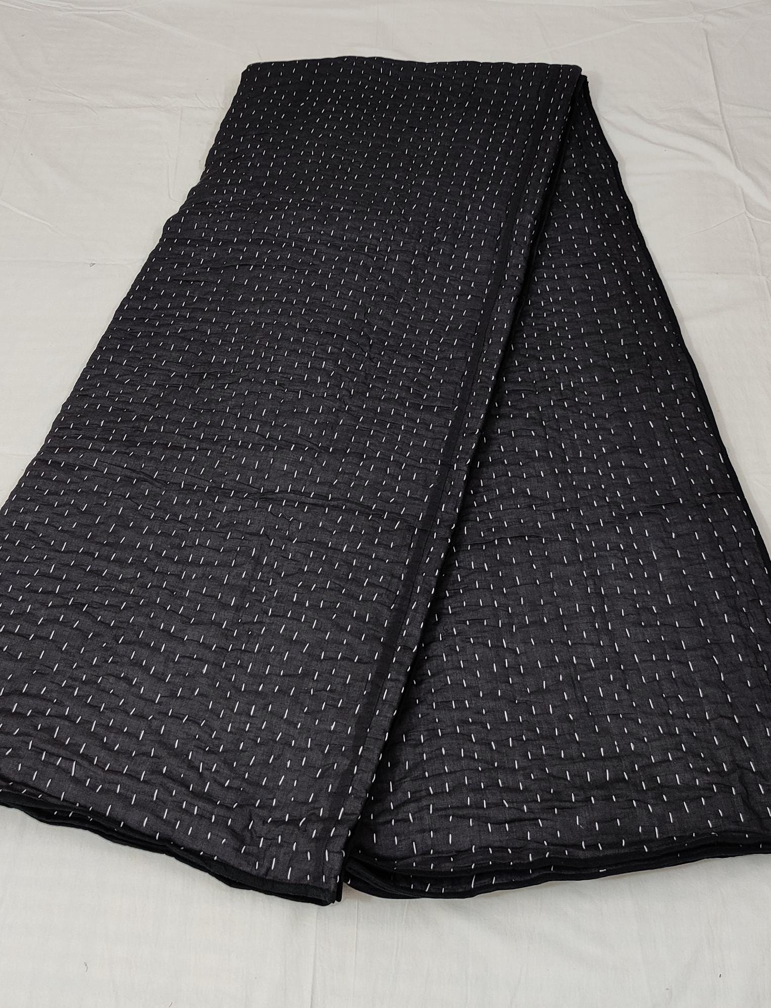 Black With White Thread-stitching Kantha Quilt, Handmade Cotton Blanket ...