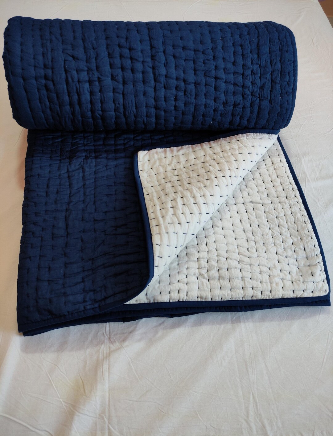 Light Wight Kantha Quilted Throw, Pure Cotton Quilt, Blue Reversible ...