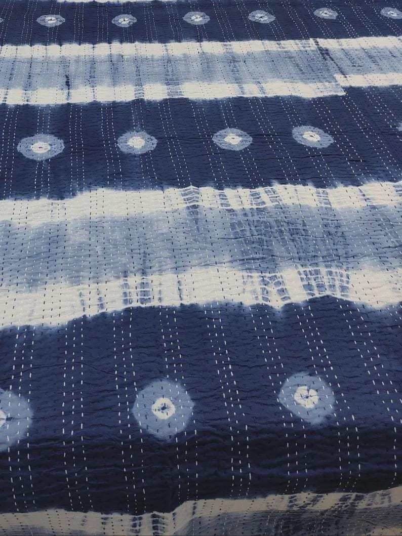 Indigo Tie Dye Kantha Bedcover, Reversible Cotton Bedspread ...