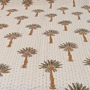 Palm Tree Handblock Printed Cotton Kantha Quilt, Handmade Cotton ...