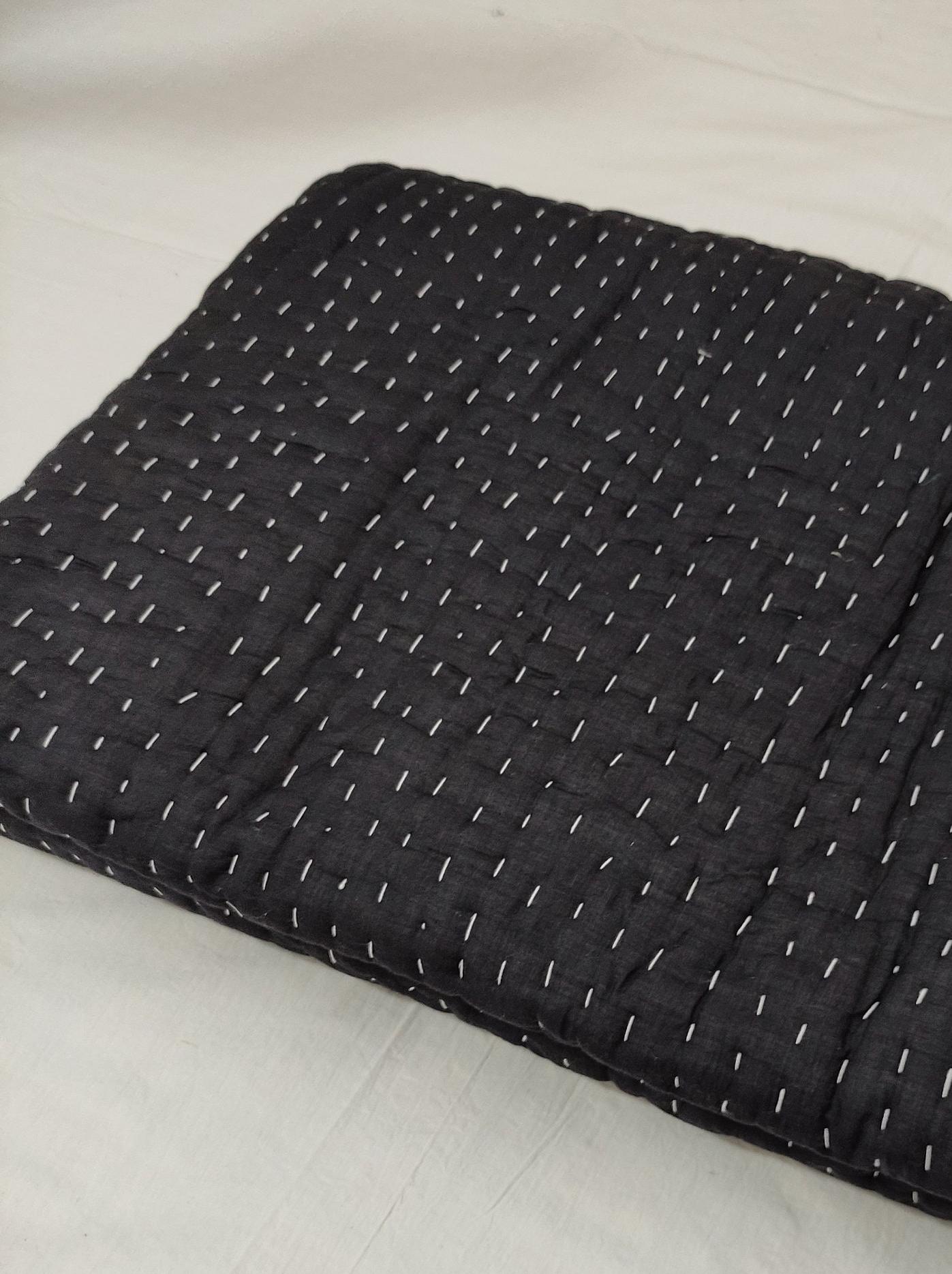 Black With White Thread-stitching Kantha Quilt, Handmade Cotton Blanket ...