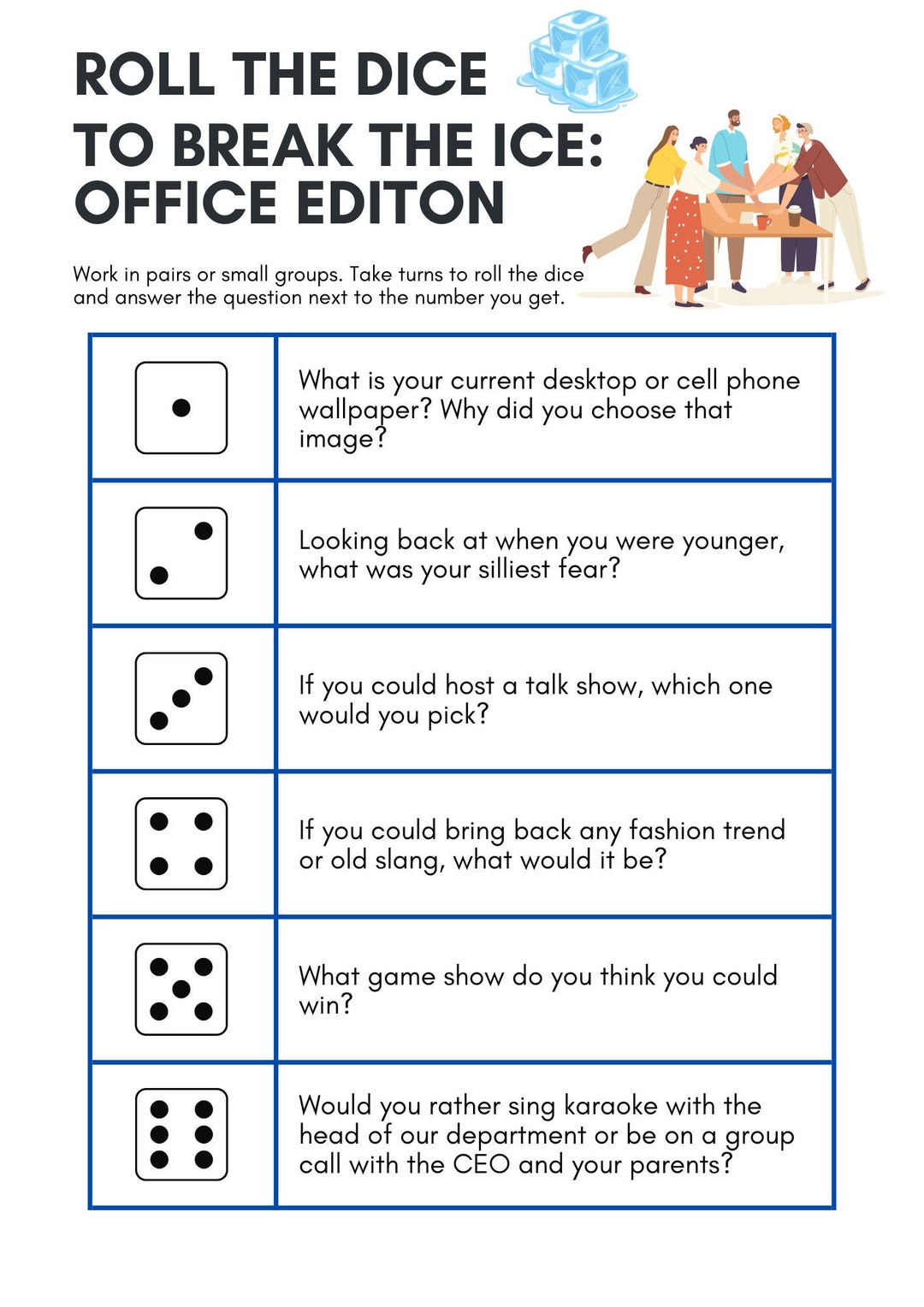 Icebreaker Game Dicebreaker With Friends Or Co workers Printable Game icebreaker-game-dicebreaker-with-friends-or-co-workers-printable-game