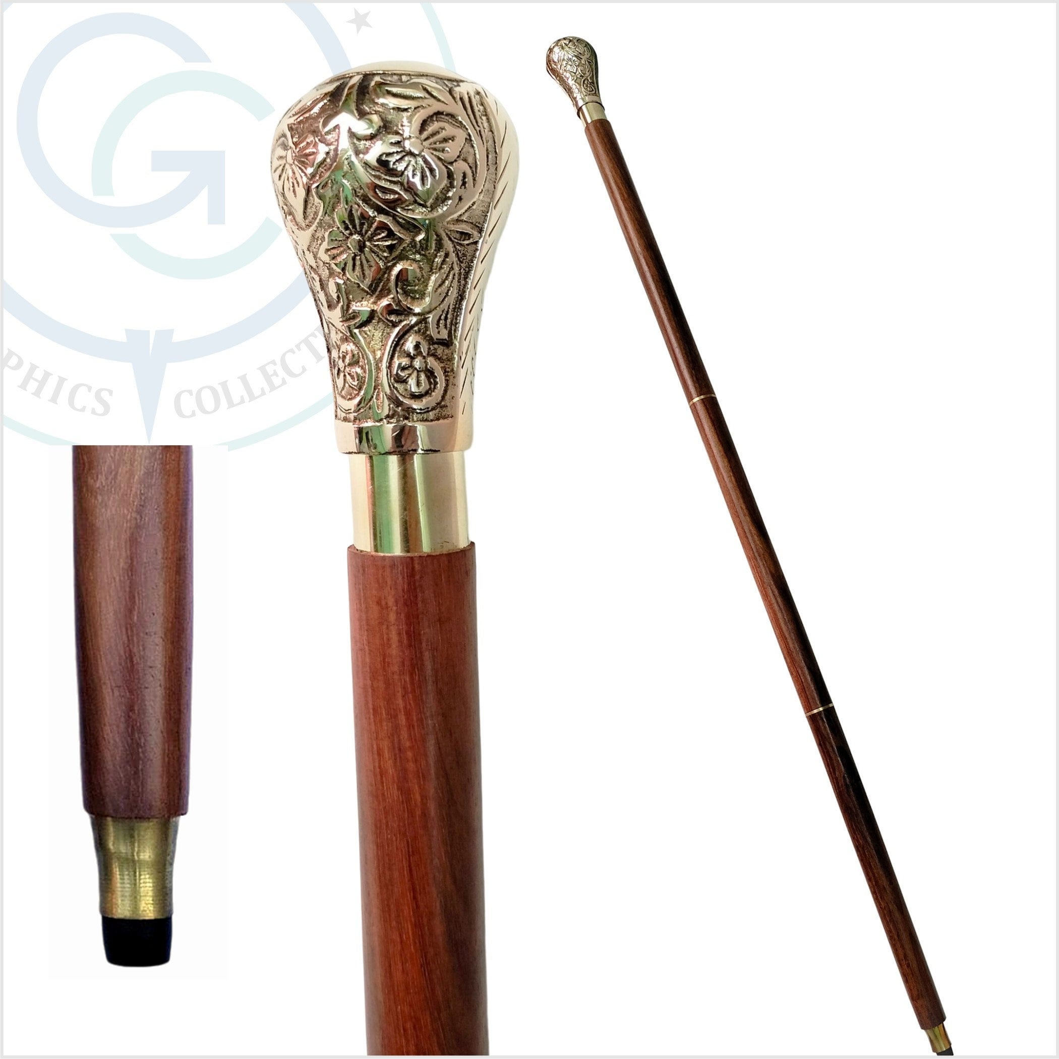 Antique Walking Stick Cane With Brass Designer Knob Handle, Vintage ...