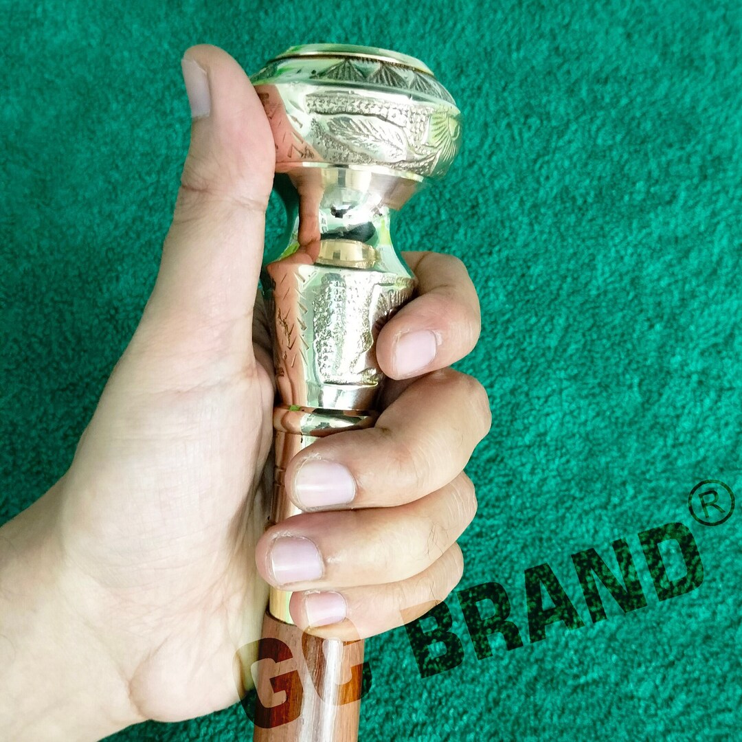 Nautical Walking Stick Carved Brass Knob Compass Head Handle Wooden ...