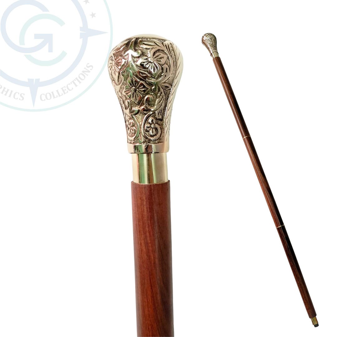 Elegant Victorian Brass Engraved Handle Walking Cane Handcrafted Rose ...