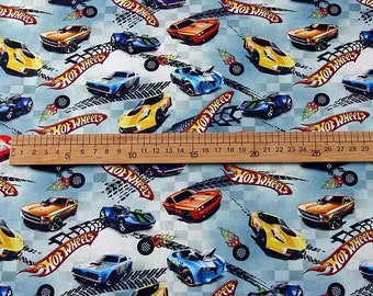Hot Wheels Car Stripe Blue Cotton Fabric 100% Cotton Material by the 1/ ...