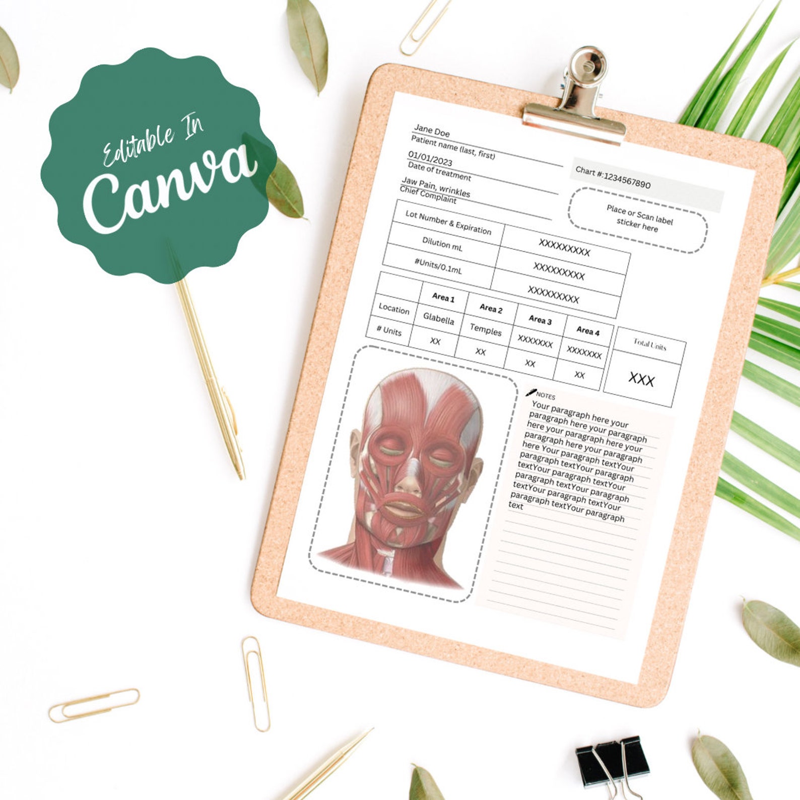 Botox Digital Face Chart and Aftercare for Your Practice With Editable ...