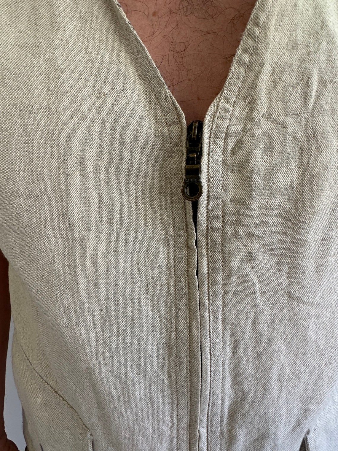 Men's Vintage Sand Color Linen Vest Zippered Waistcoat Summer Beach ...