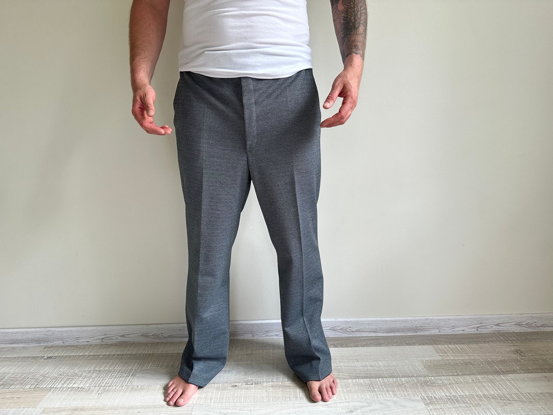 Men's Wool Grey Trousers 90s Straight Pleated Pants Plaid Casual Office ...