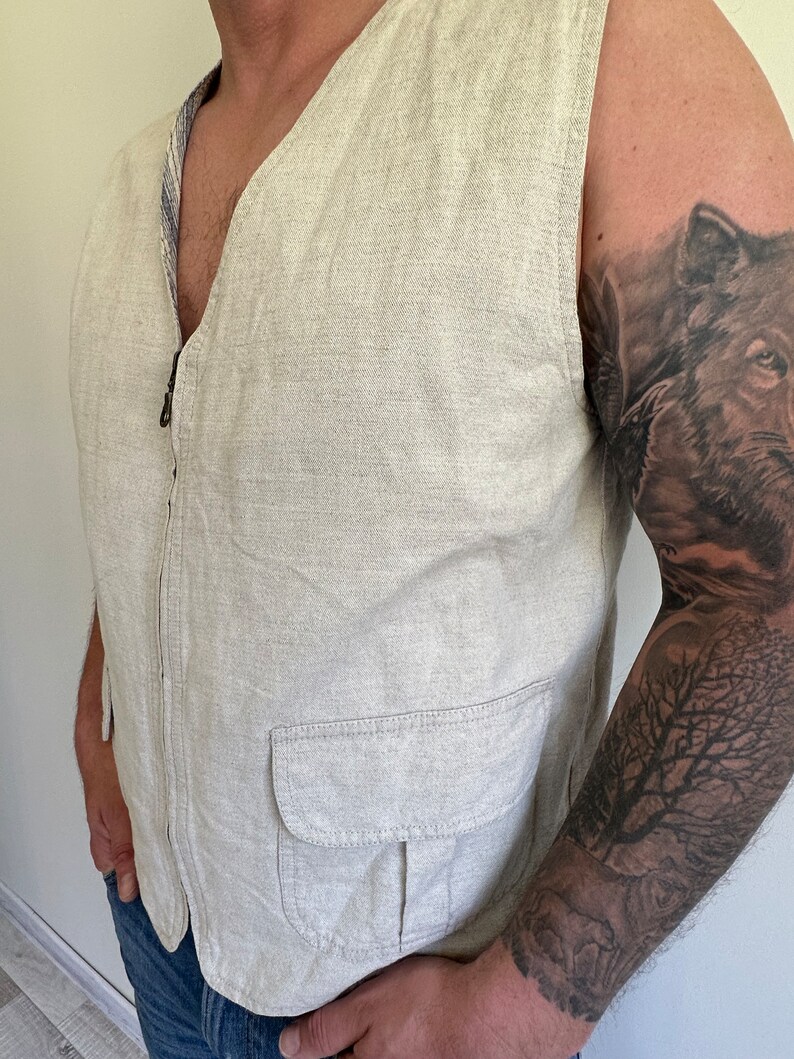Men's Vintage Sand Color Linen Vest Zippered Waistcoat Summer Beach ...