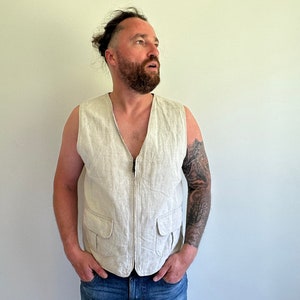 Men's Vintage Sand Color Linen Vest Zippered Waistcoat Summer Beach ...