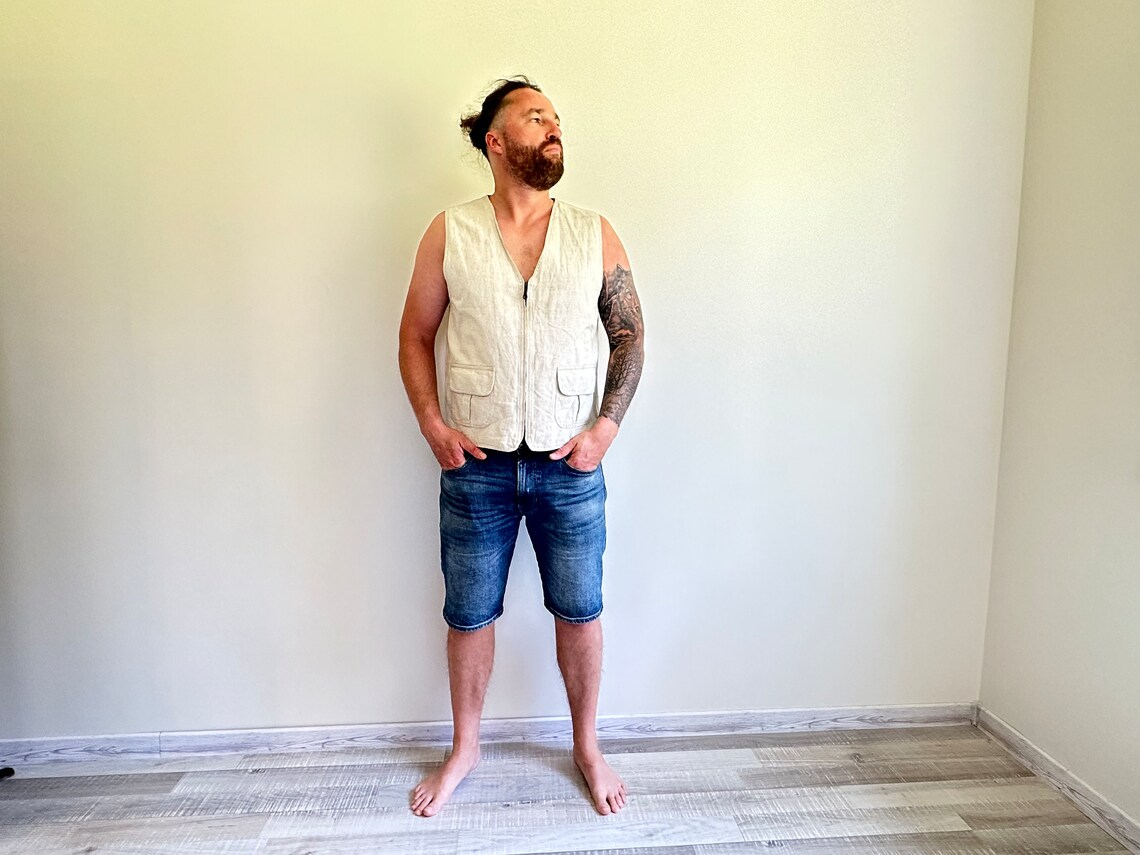 Men's Vintage Sand Color Linen Vest Zippered Waistcoat Summer Beach ...