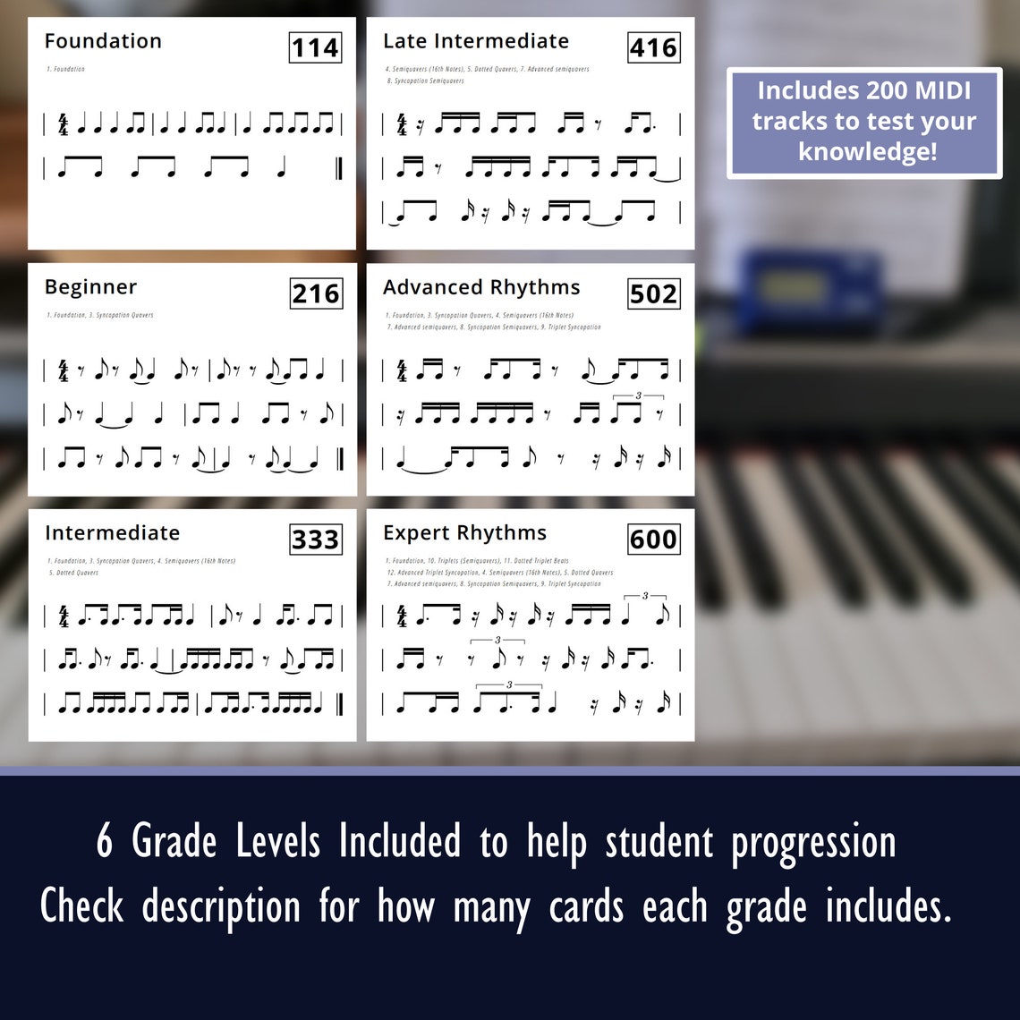 200 Rhythm Flashcards Tracker, MIDI Files, 6 Levels, Midi Learning ...