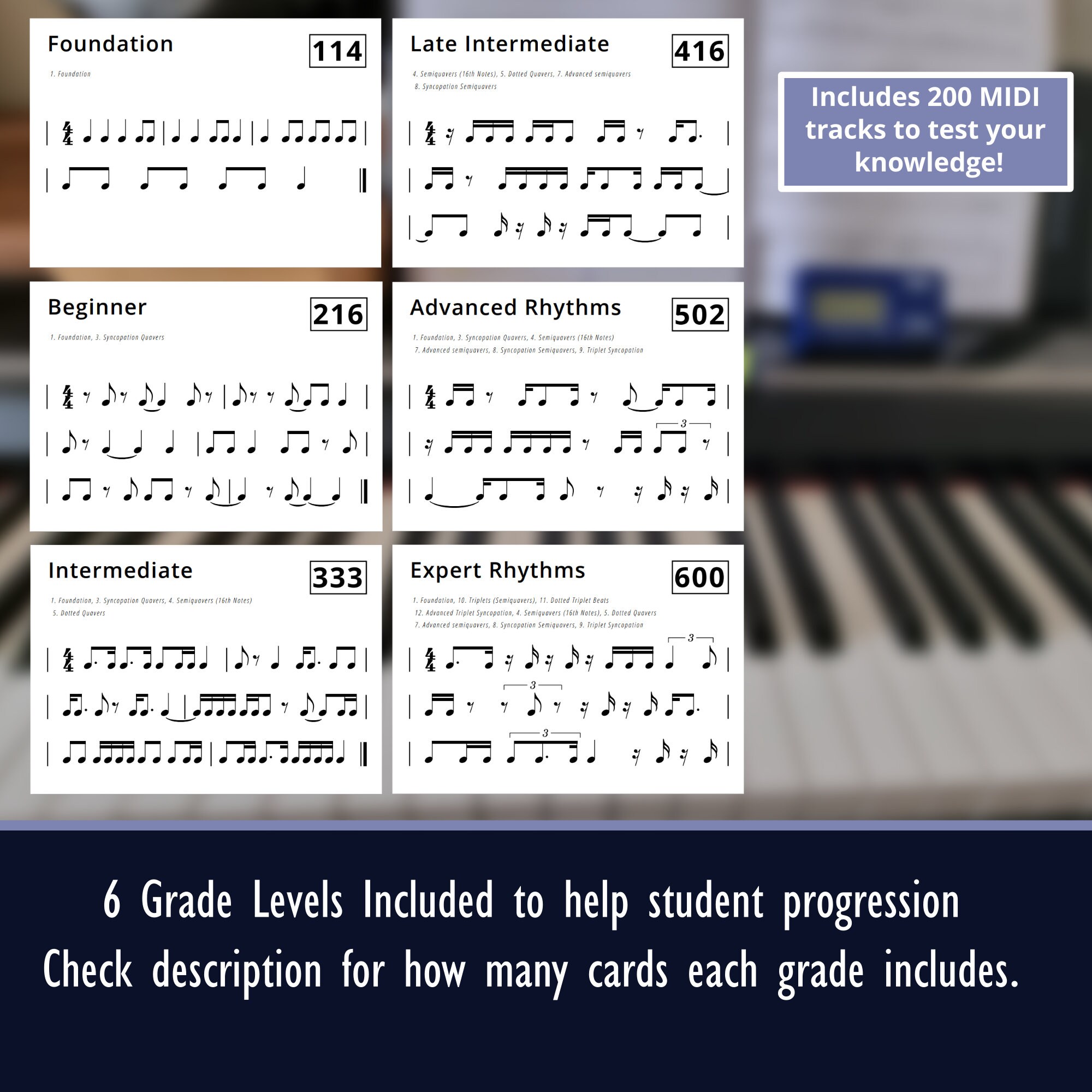 200 Rhythm Flashcards Tracker, MIDI Files, 6 Levels, Midi Learning ...