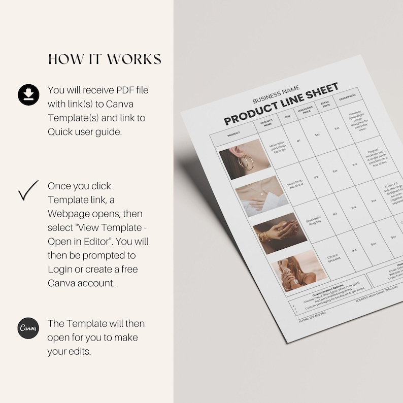 One Page Jewelry Catalog Canva Template, Editable Line Sheet for ...