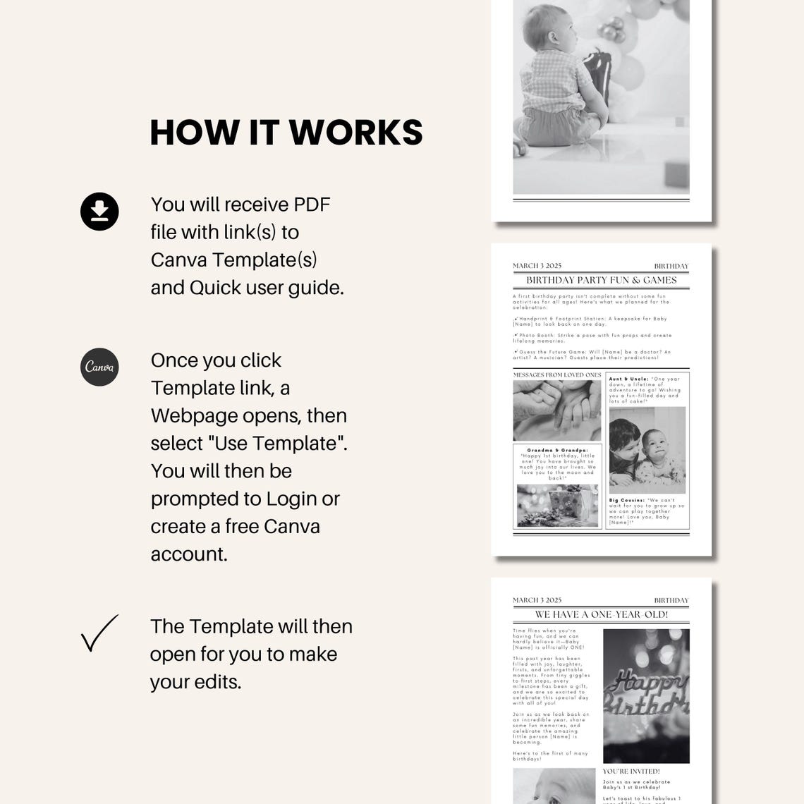 Baby’s First Birthday Newspaper Canva Template, Unique Birthday ...