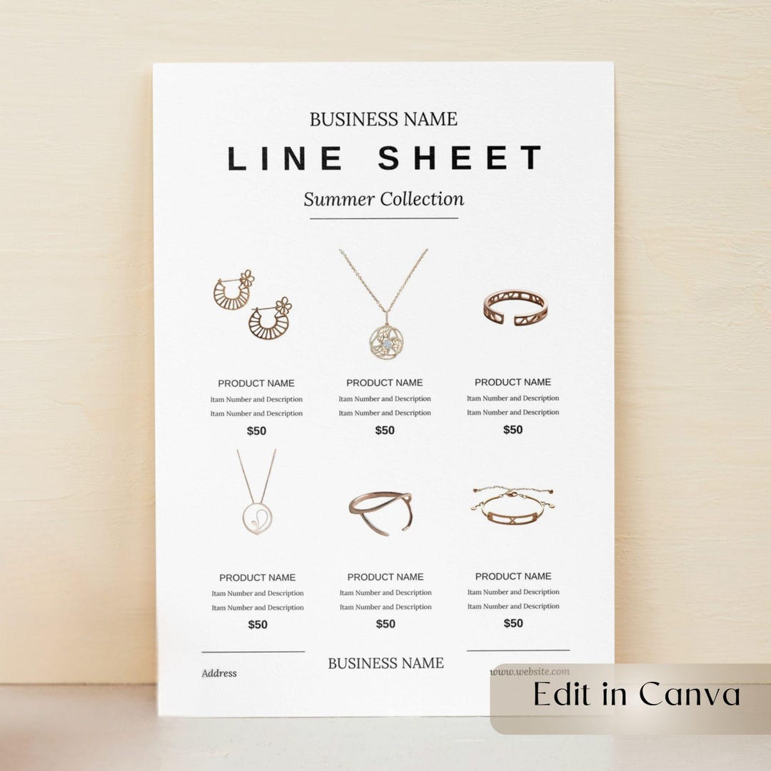 Jewelry One Page Line Sheet Canva Template, Editable Product Catalog ...
