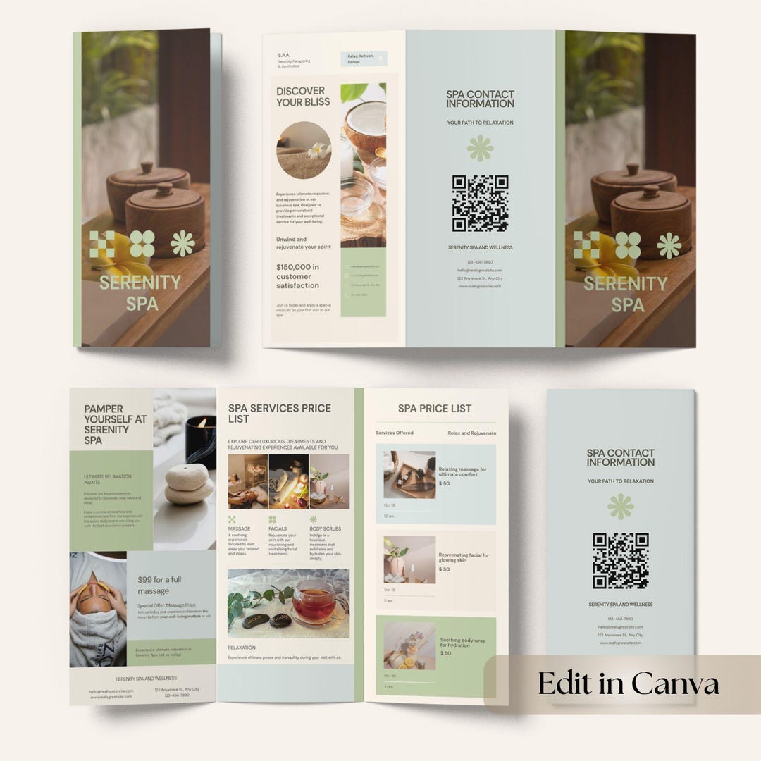 Spa Trifold Brochure Canva Template, Editable Price List, A4 & US ...