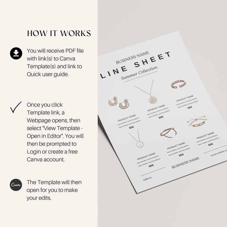 Jewelry One Page Line Sheet Canva Template, Editable Product Catalog ...