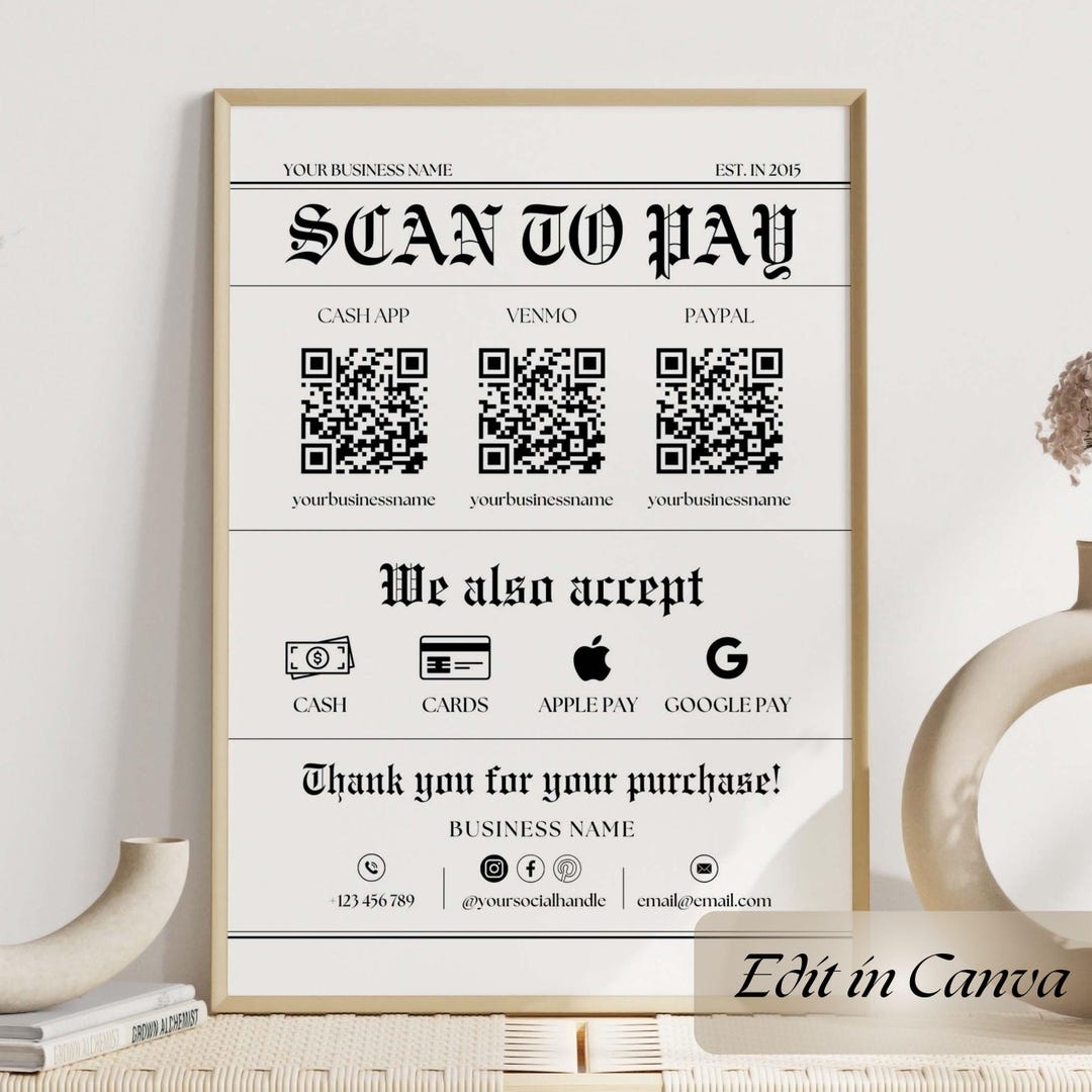 Newspaper Style Business Sign Canva Template, Editable Scan to Pay ...