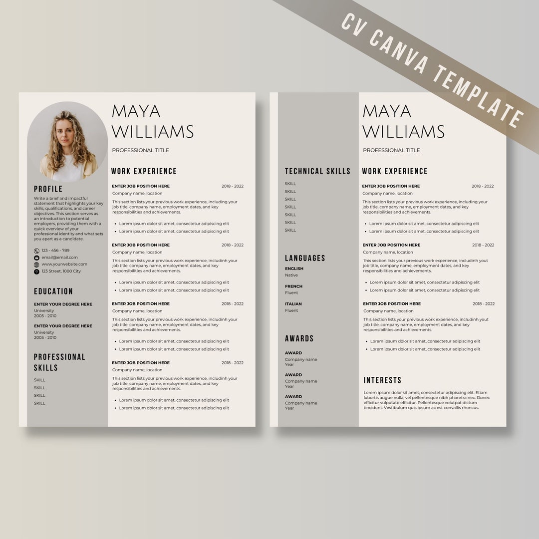 2 Page Resume Template, CV Template Canva, Cover Letter Template - Etsy ...