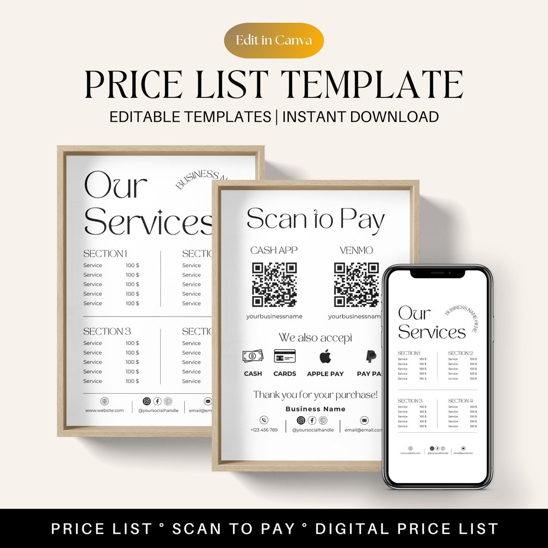 Editable Price List Template, Printable Price Guide, Digital Price List ...