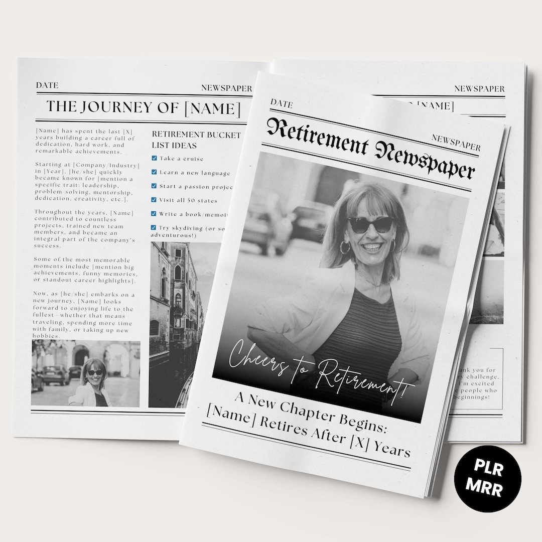 Celebratory Retirement Newspaper Canva Template, PLR MRR Template ...