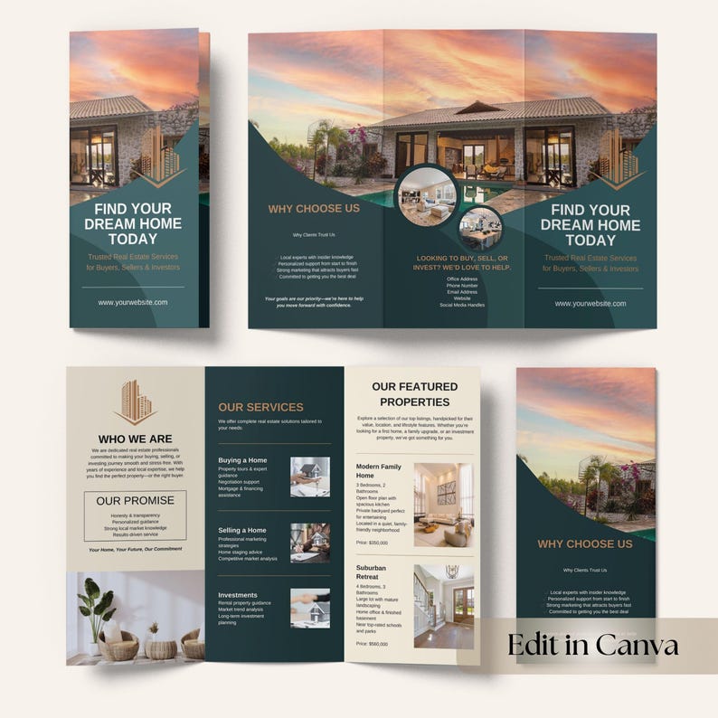 Real Estate Trifold Brochure Canva Template, Property Listing, Agent ...
