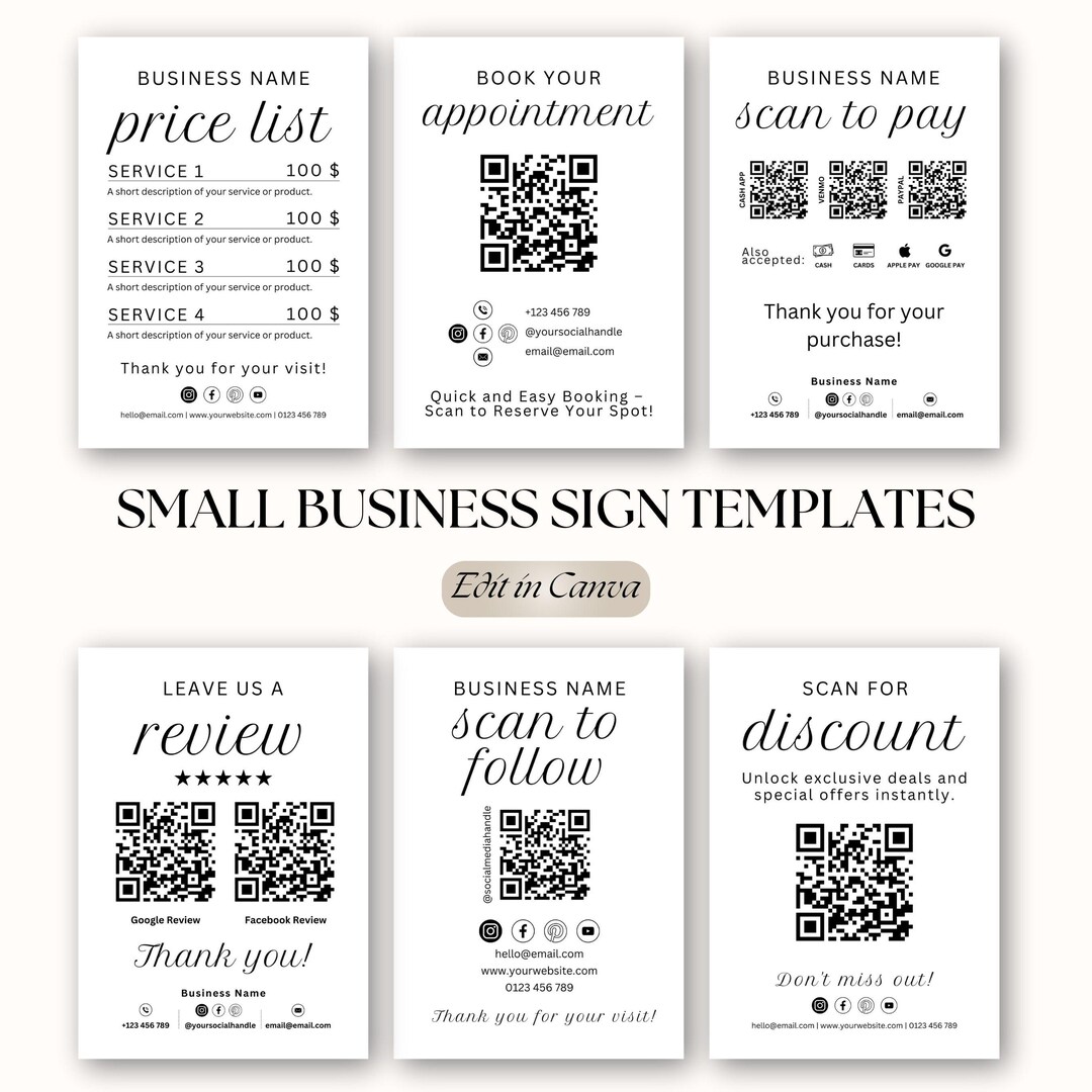 Bundle Business Signs Canva Templates, Social Media Signs QR Code ...