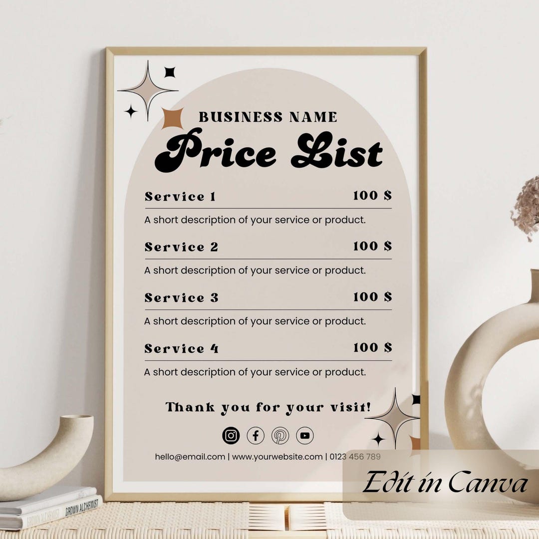 Retro Price List Canva Template, Printable Payment Sign, Editable ...