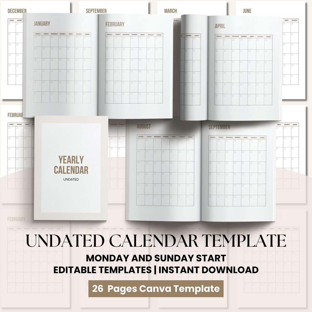 Undated Calendar Canva Template, Printable Monthly Planner, Digital ...