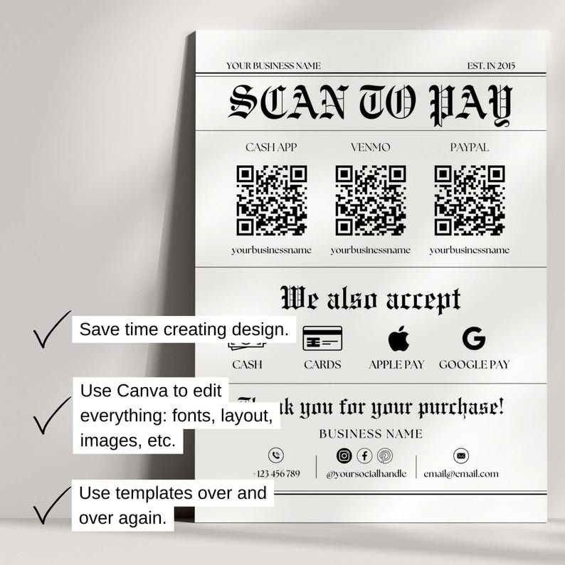 Newspaper Style Business Sign Canva Template, Editable Scan to Pay ...