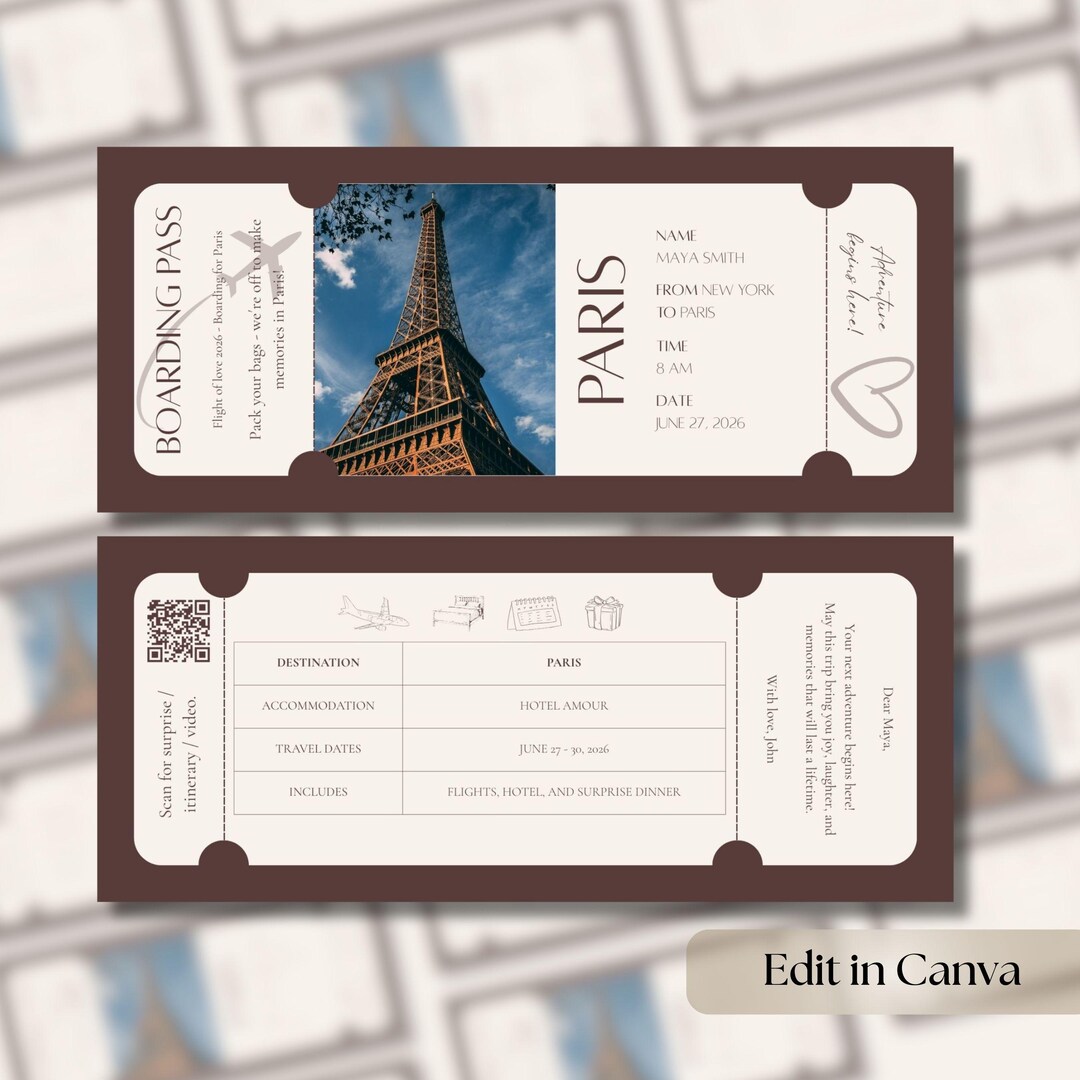 Paris Surprise Boarding Pass Canva Template, Editable Flight Ticket ...