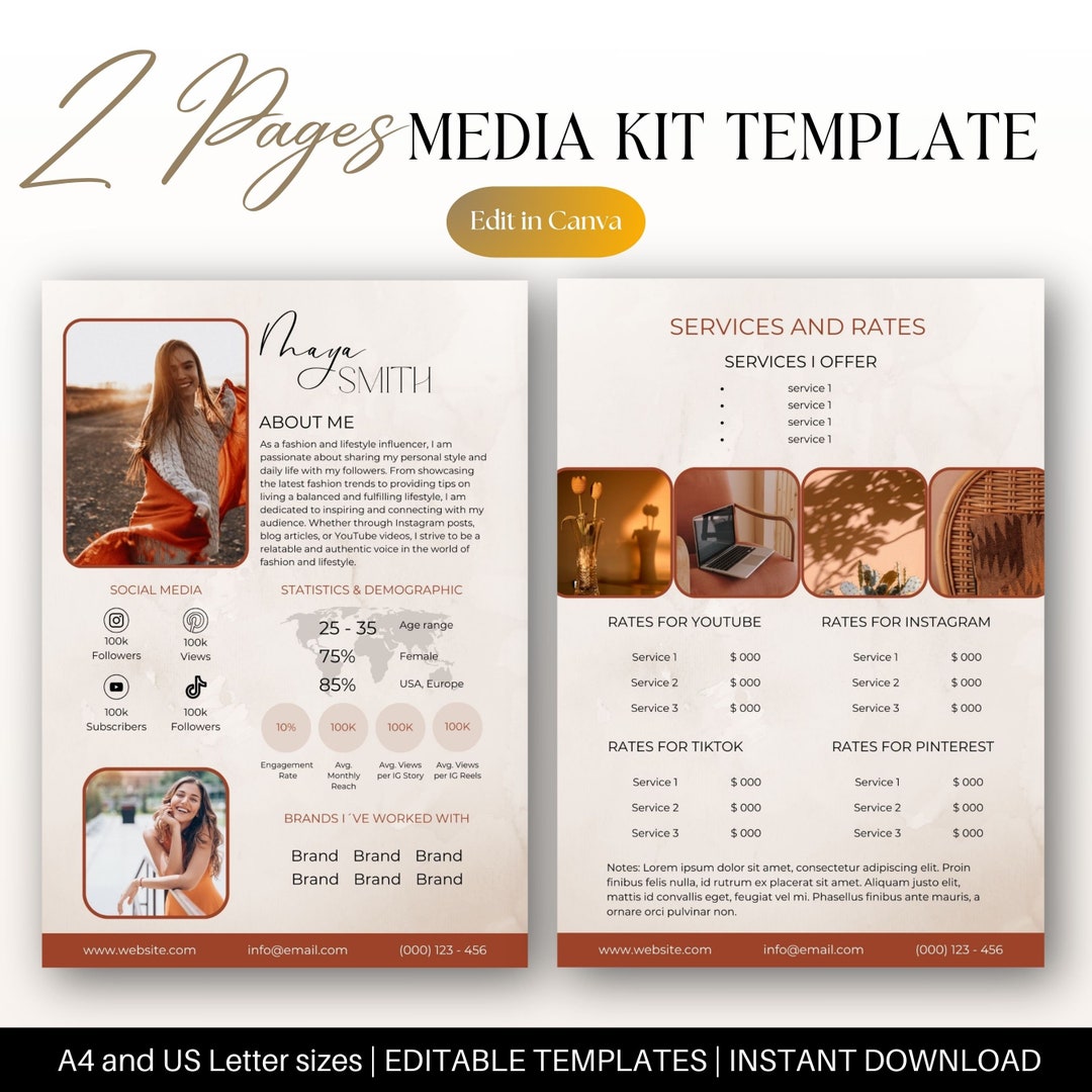 2 Page Media Kit Template Canva | Influencer Rate Sheet Template ...