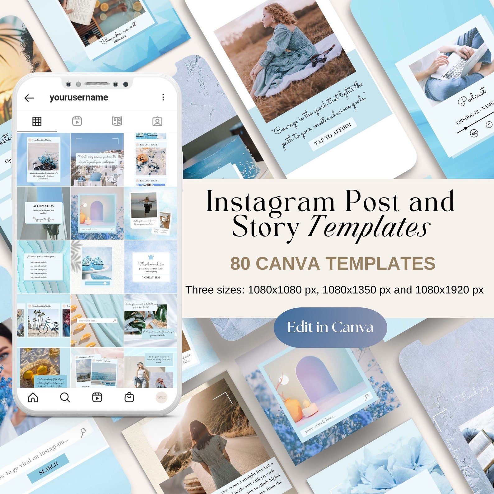 80 Blue Instagram Posts Bundle, Instagram Story Templates, Elegant ...