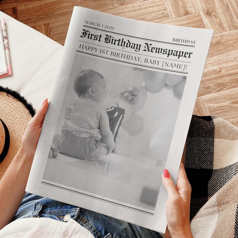 Baby’s First Birthday Newspaper Canva Template, Unique Birthday ...