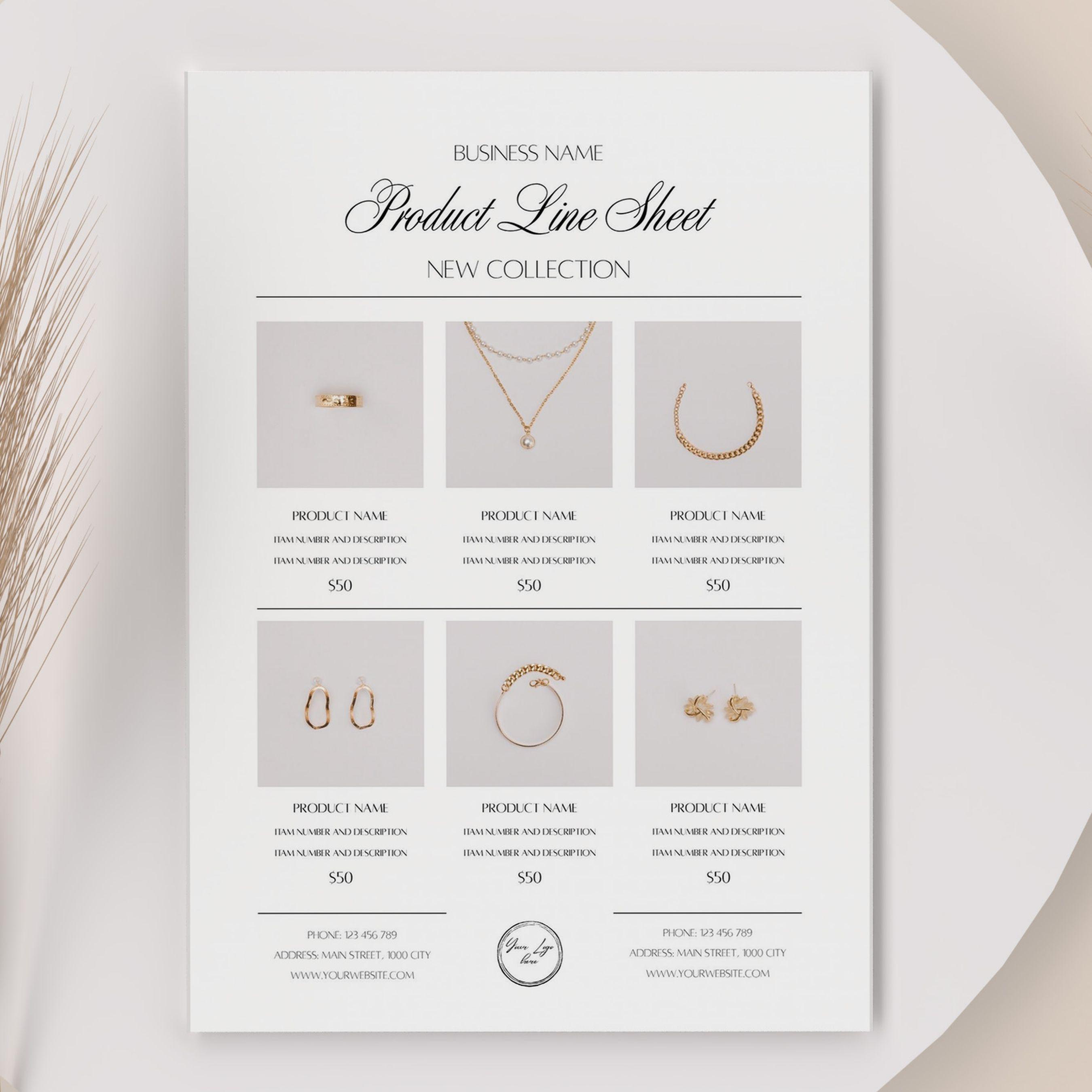 Stylish Jewelry Line Sheet Canva Template, One Page Wholesale Catalog ...
