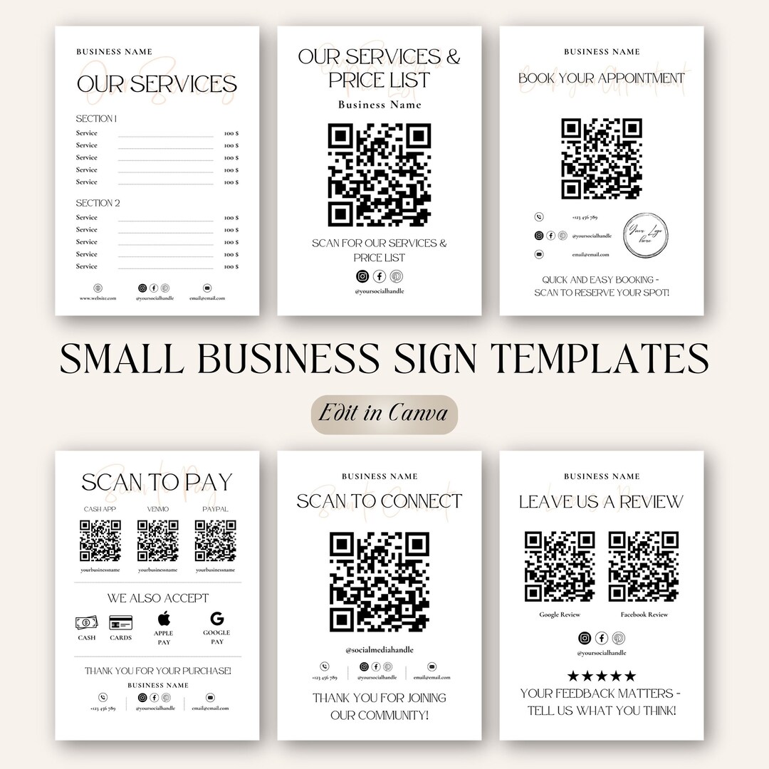 Small Business Sign Bundle Templates, Price List, Scan to Pay ...