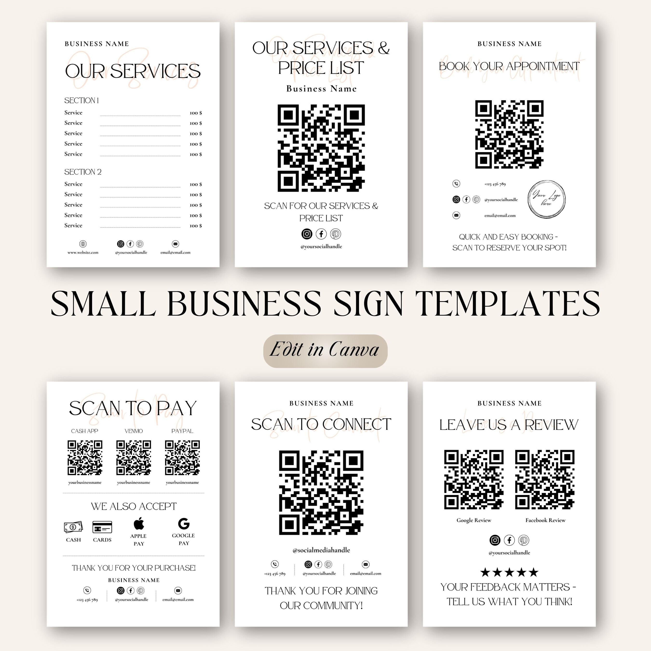Small Business Sign Bundle Templates, Price List, Scan to Pay ...