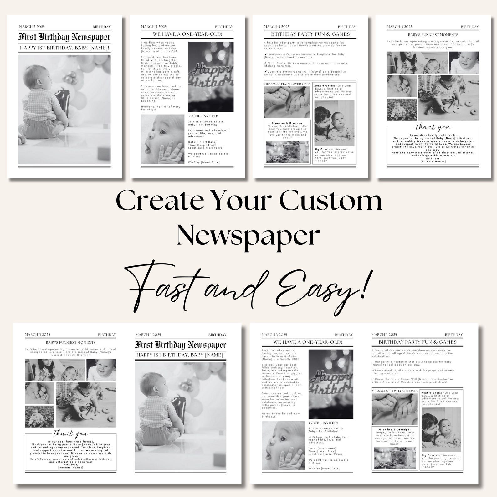 Baby’s First Birthday Newspaper Canva Template, Unique Birthday ...