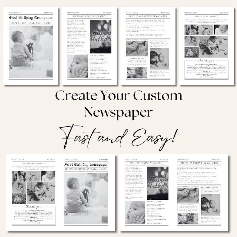 Baby’s First Birthday Newspaper Canva Template, Unique Birthday ...
