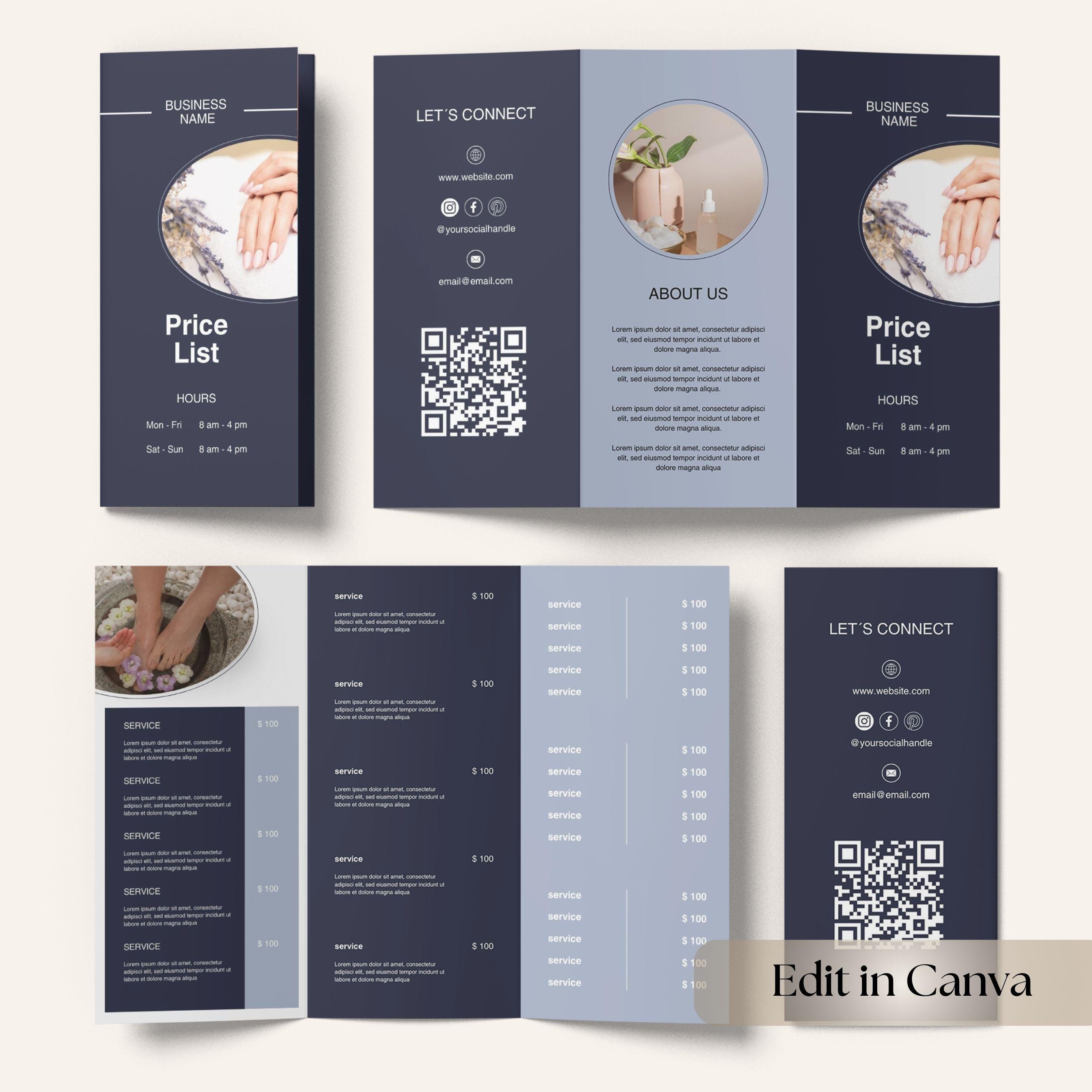 Trifold Price List Brochure Canva Template, Editable Business Menu, A4 ...