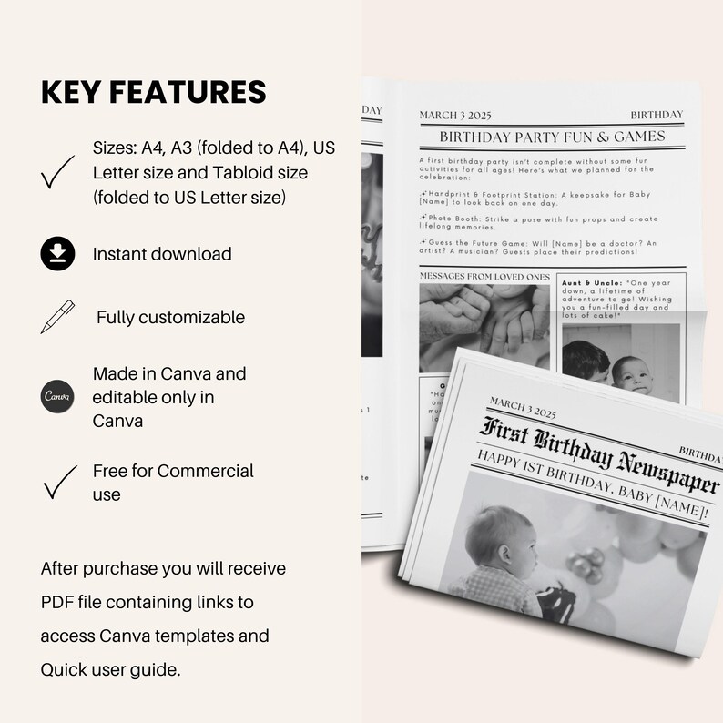 Baby’s First Birthday Newspaper Canva Template, Unique Birthday ...
